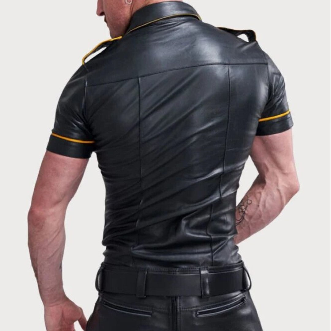 Police Style Leather Jacket With Yellow Linings – Leather Wardrobe