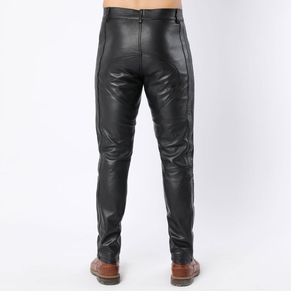 Men Black Sheep Leather Pants with Side Panel and Double Button Closur ...