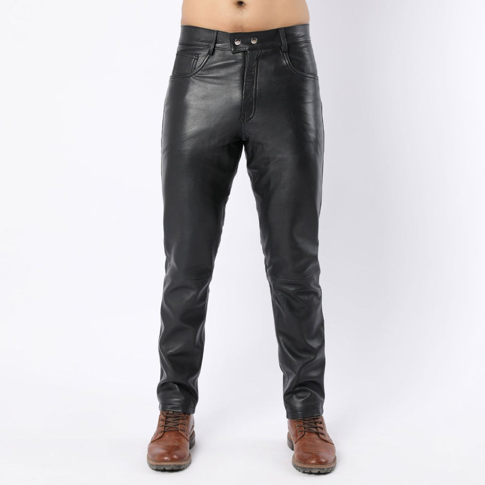 Men Black Sheep Leather Pants with Side Panel and Double Button Closur ...